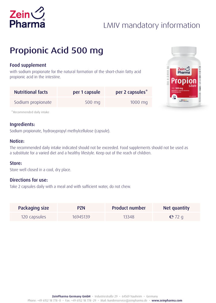 ПРОПИОНОВА КИСЕЛИНА / PROPIONIC ACID ZeinPharma 500 mg x 120 капсули ...